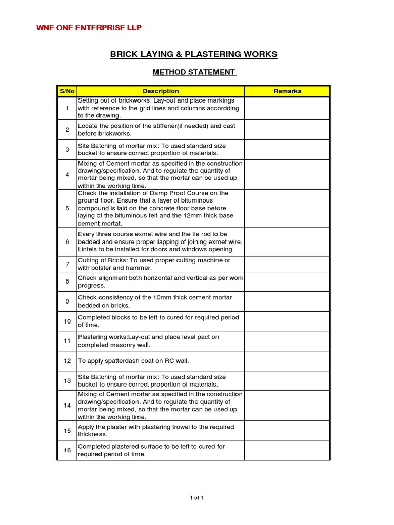Bricks & Plastering Method Statement | Mortar (Masonry) | Plaster