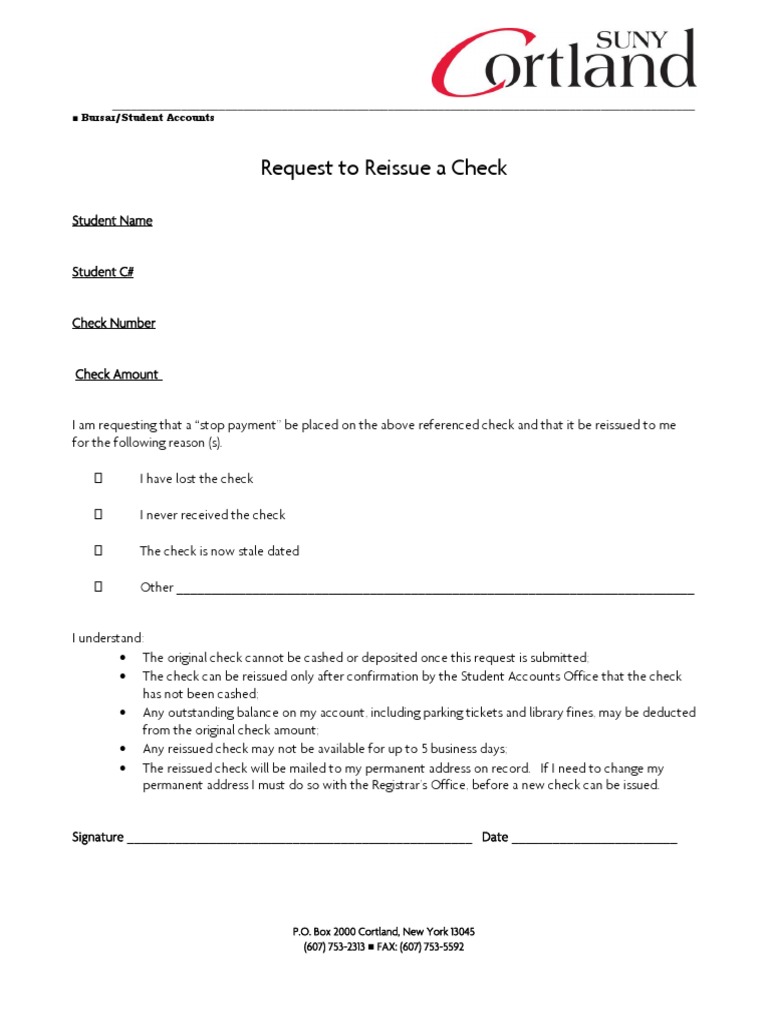 Check Reissue Request Form | PDF | Payments | Banking