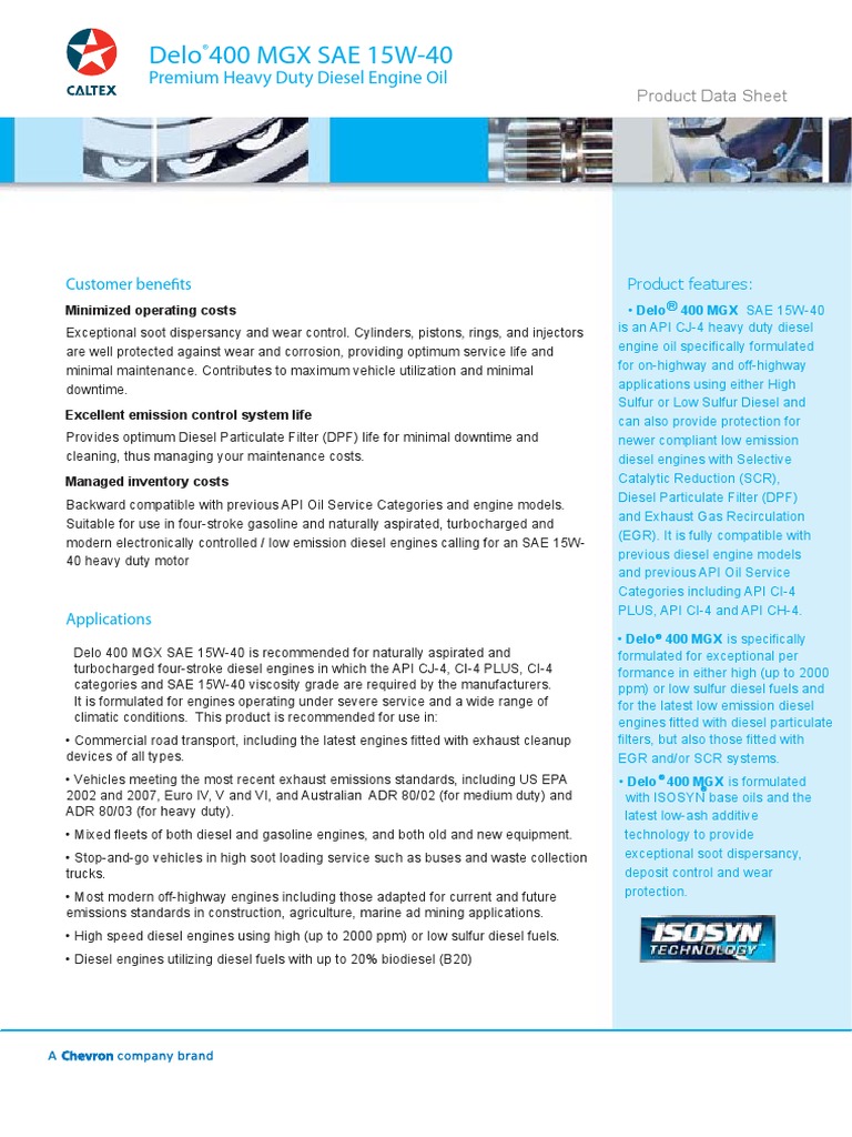 Delo 400 MGX 15w40 | PDF | Motor Oil | Diesel Engine