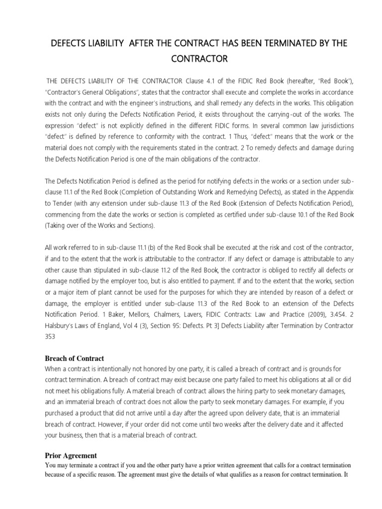 Defects Liability After The Contract Has Been Terminated by The ...