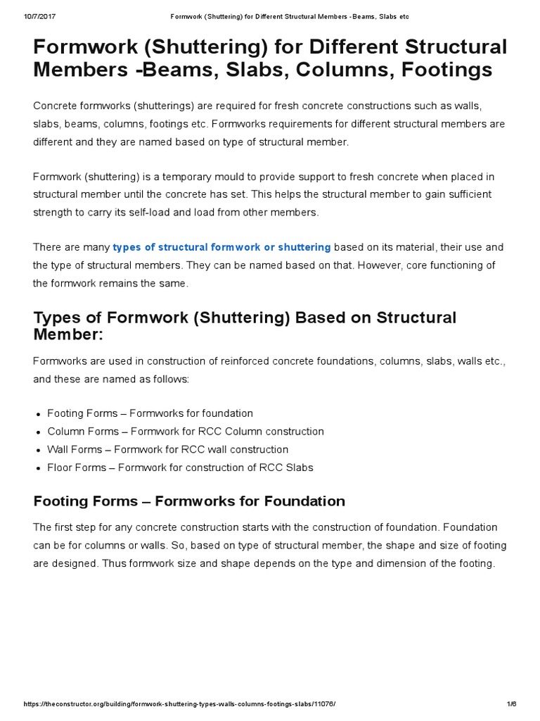 Formwork (Shuttering) For Different Structural Members - Beams, Slabs Etc | PDF | Concrete ...