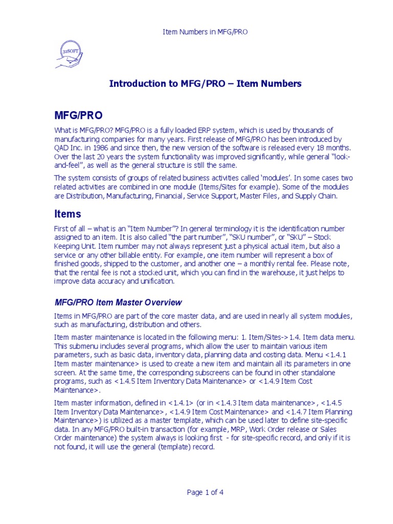 Introduction To MFG/PRO - Item Numbers | PDF | Inventory | Enterprise ...