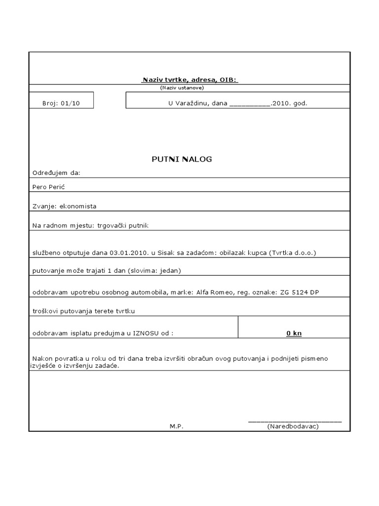 Primjer Putnog Naloga | PDF