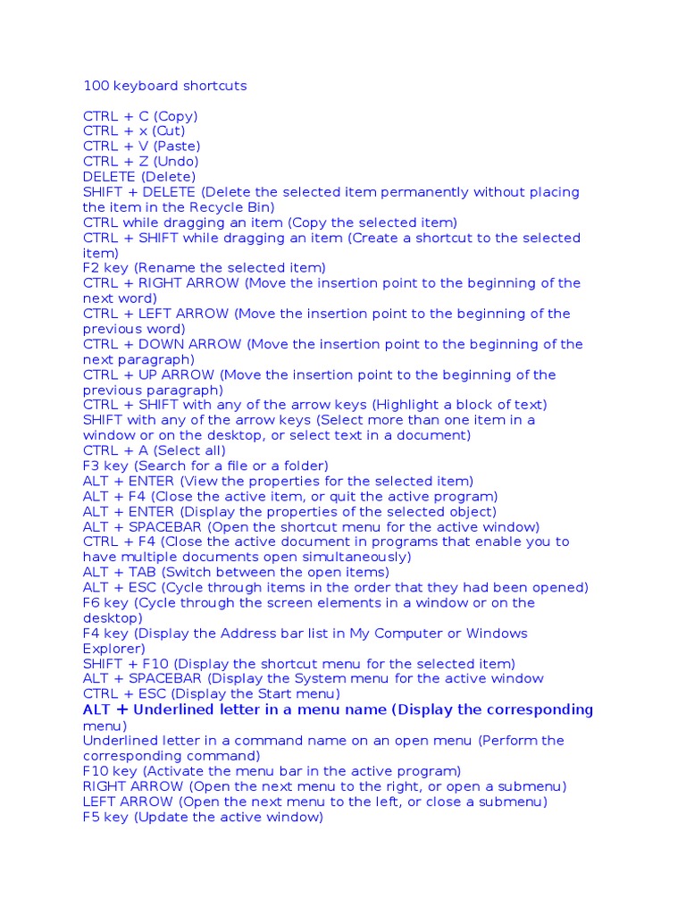 100 Keyboard Shortcuts | PDF | Software | Computer Keyboard