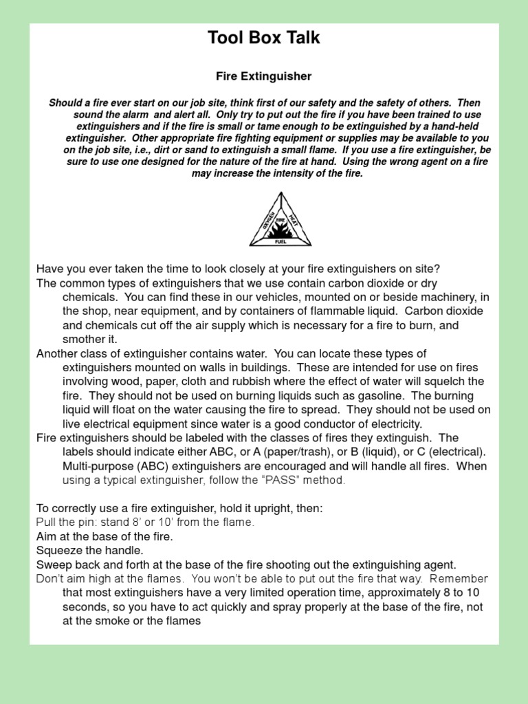 Tool Box Talk: Fire Extinguisher | PDF | Safety | Hazards