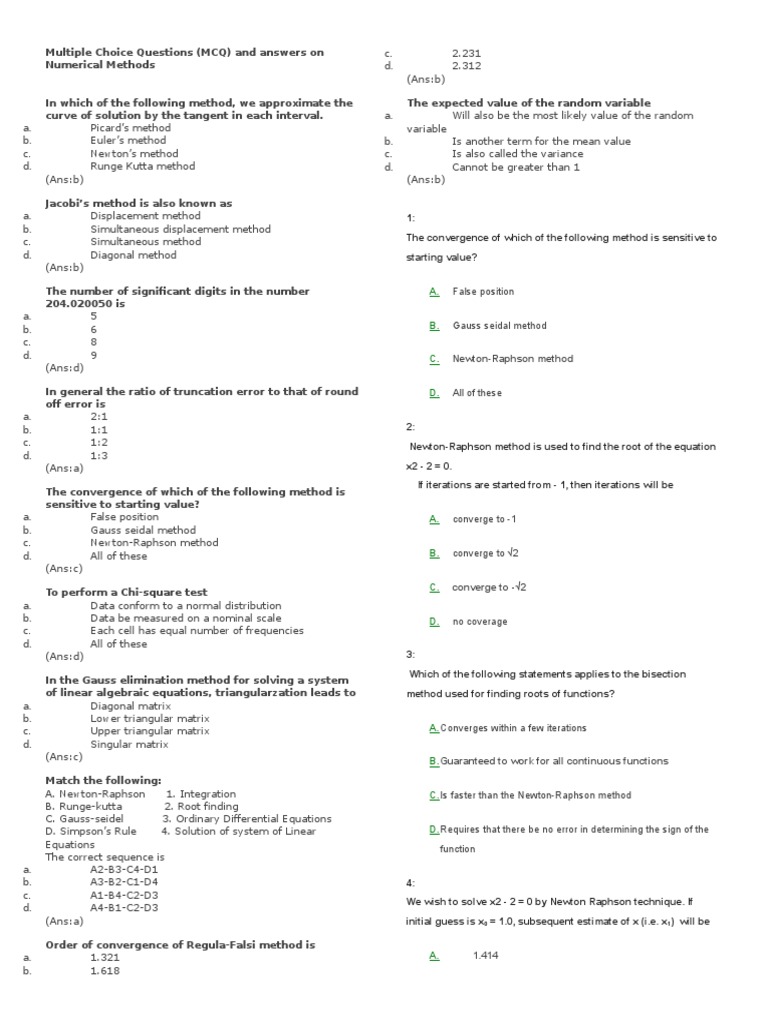 Multiple Choice Questions Numerical Methods | PDF | Numerical Analysis ...