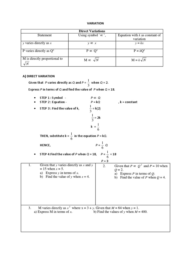 Y Varies Directly As X y y KX: Variation Direct Variations | PDF | Teaching Mathematics ...