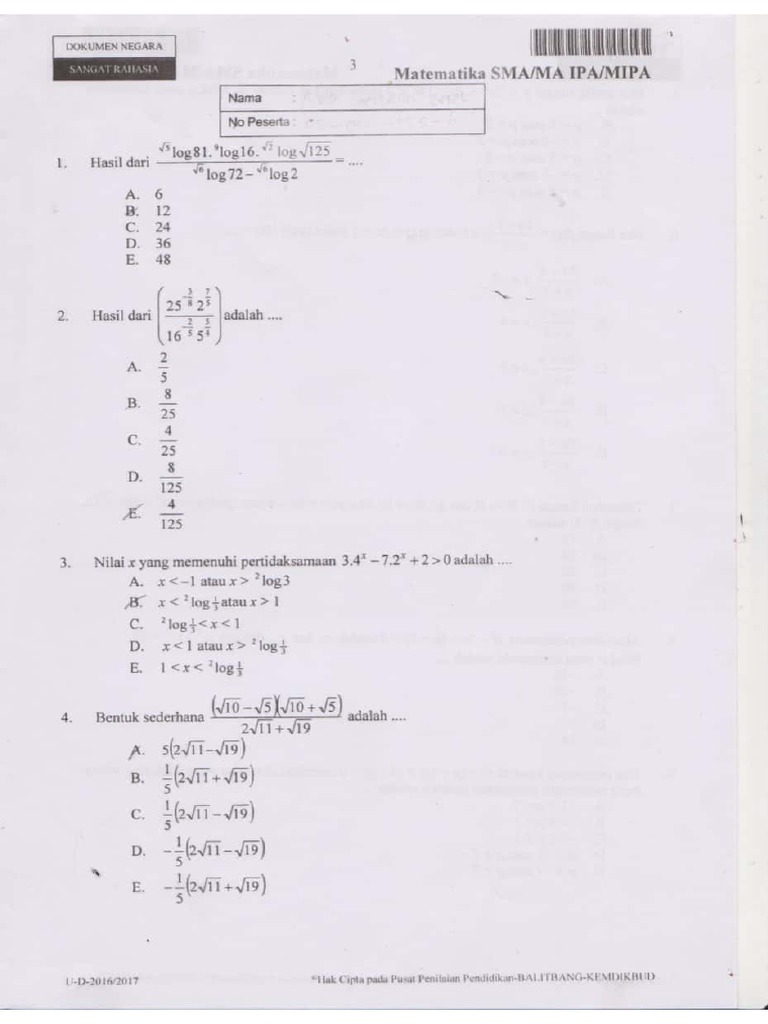 Soal UN Matematika SMA Program IPA 2017 (Naskah Asli) PDF | PDF
