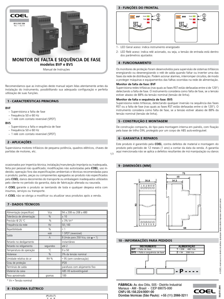 Coel - Reles Falta e Sequencia de Fase BVF-BVSF (Manual) | Relé | Tecnologia
