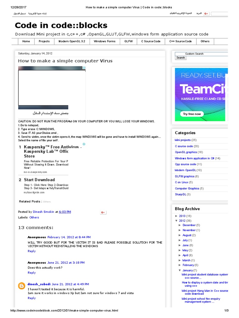 How To Make A Simple Computer Virus - Code in Code - Blocks | PDF ...