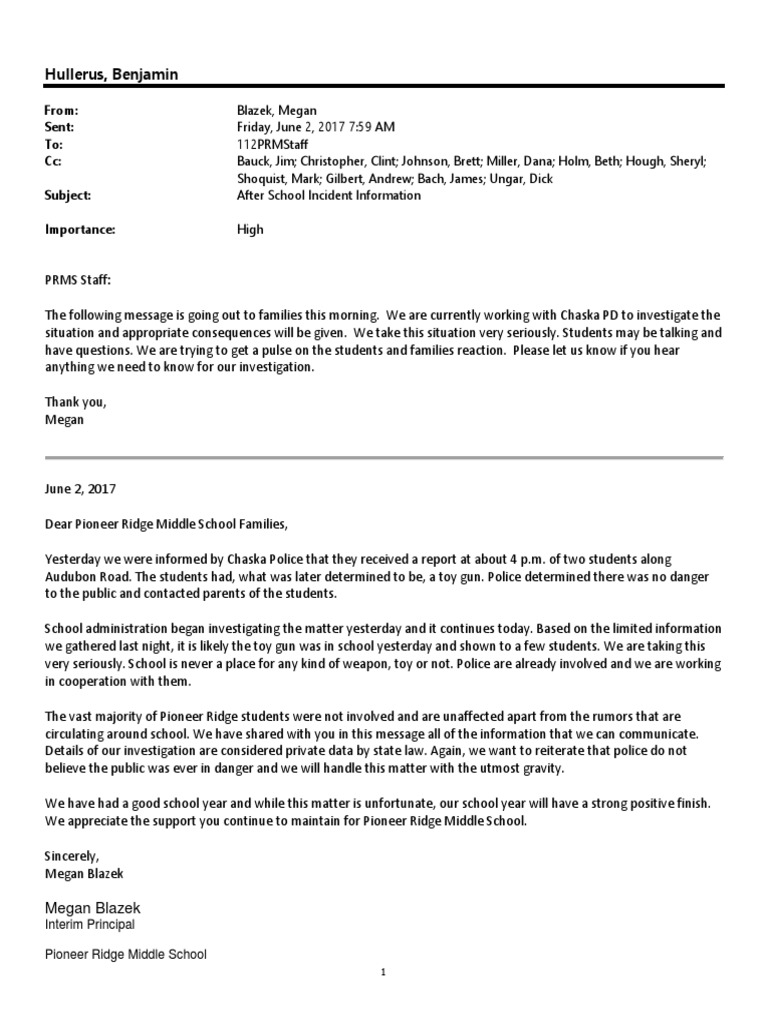 after school incident investigation - memo style | Violence