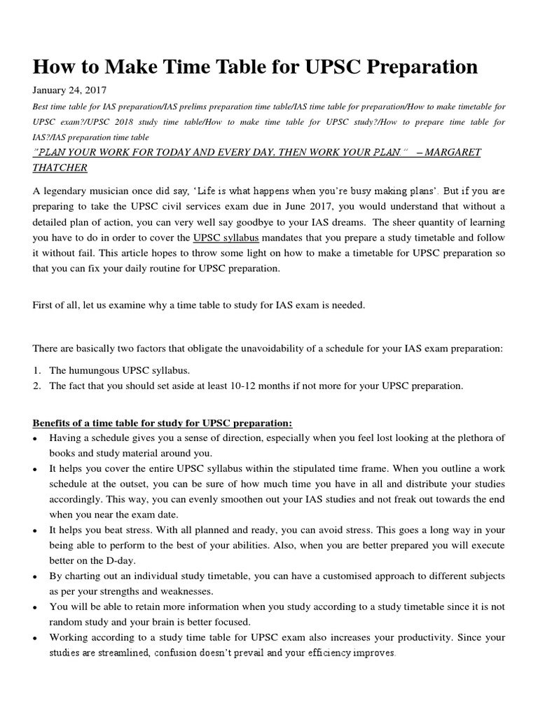 How To Make Time Table For UPSC Preparation | PDF | Test (Assessment)