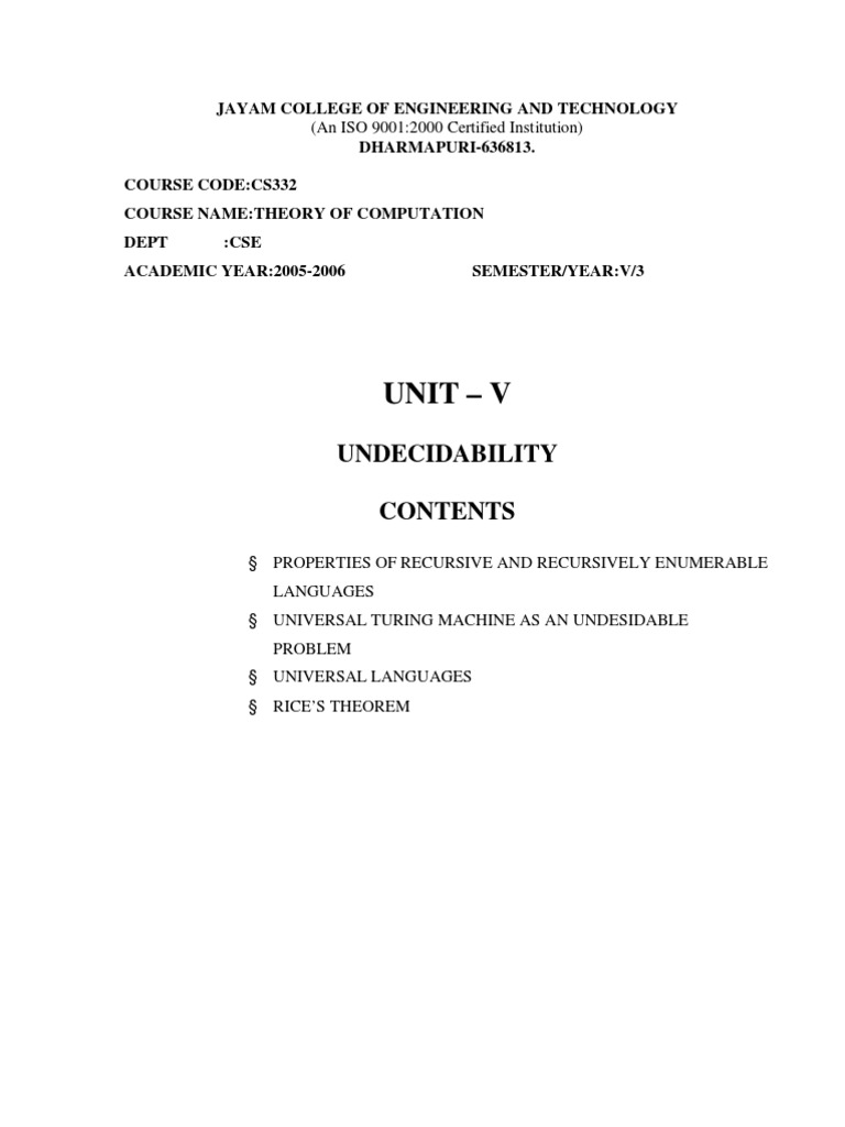 Toc Unit V | PDF | Theoretical Computer Science | Mathematical Logic