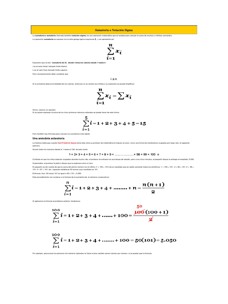 Sumatoria o Notación Sigma | PDF | Suma | Enseñanza de matemática