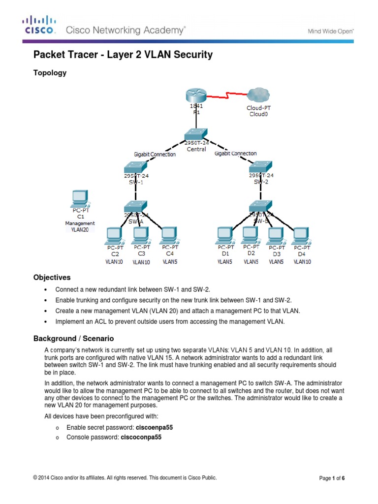 6.5.1.3 Packet Tracer - Layer 2 VLAN Security - Instructor | PDF | Network Switch | Router ...