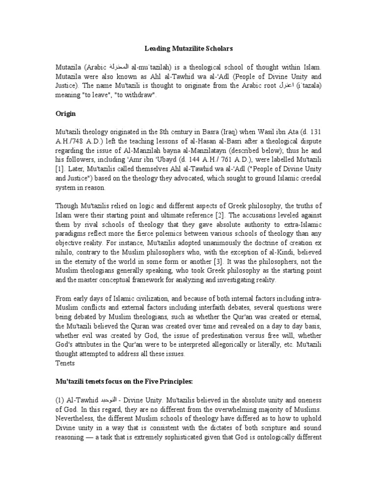 Key Tenets of Mu'tazilite Theology | PDF | Tawhid | Religious Belief ...