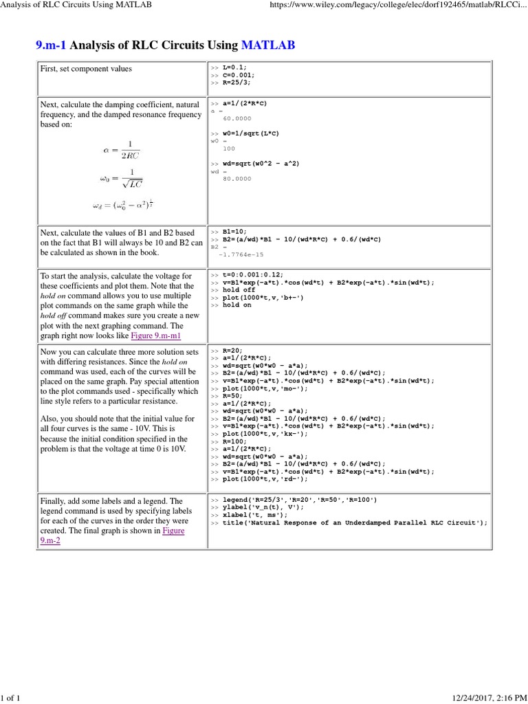 Analysis of RLC Circuits Using MATLAB | PDF | Electrical Circuits ...