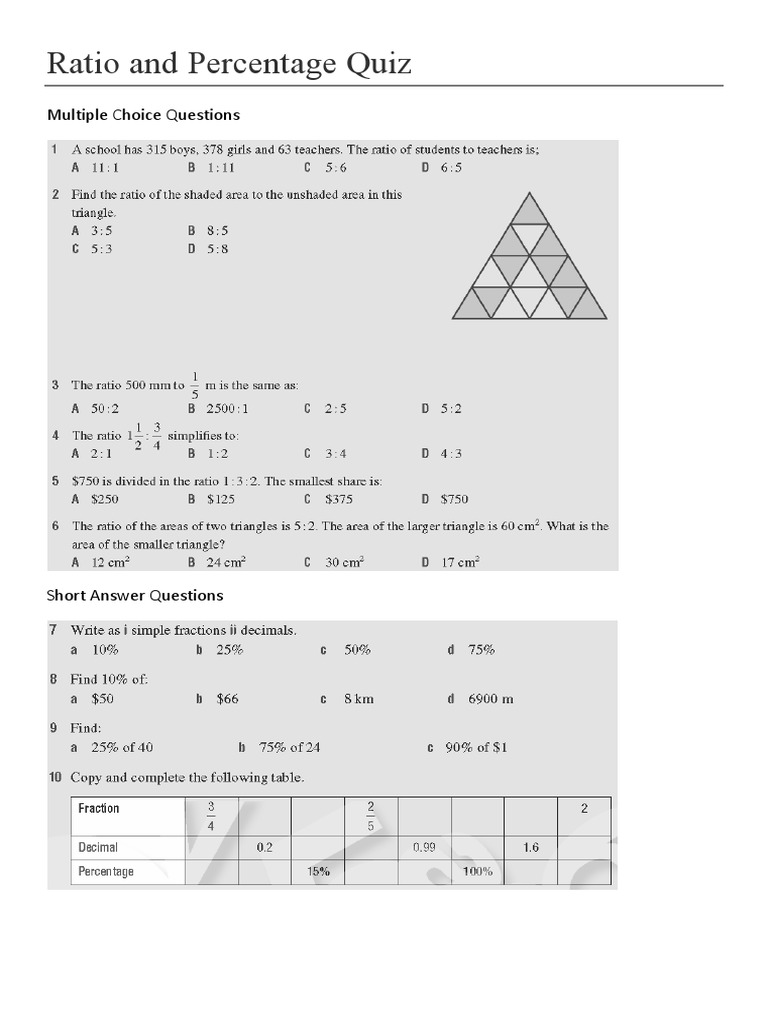 Ratio and Percentage Quiz: Multiple Choice Questions | PDF