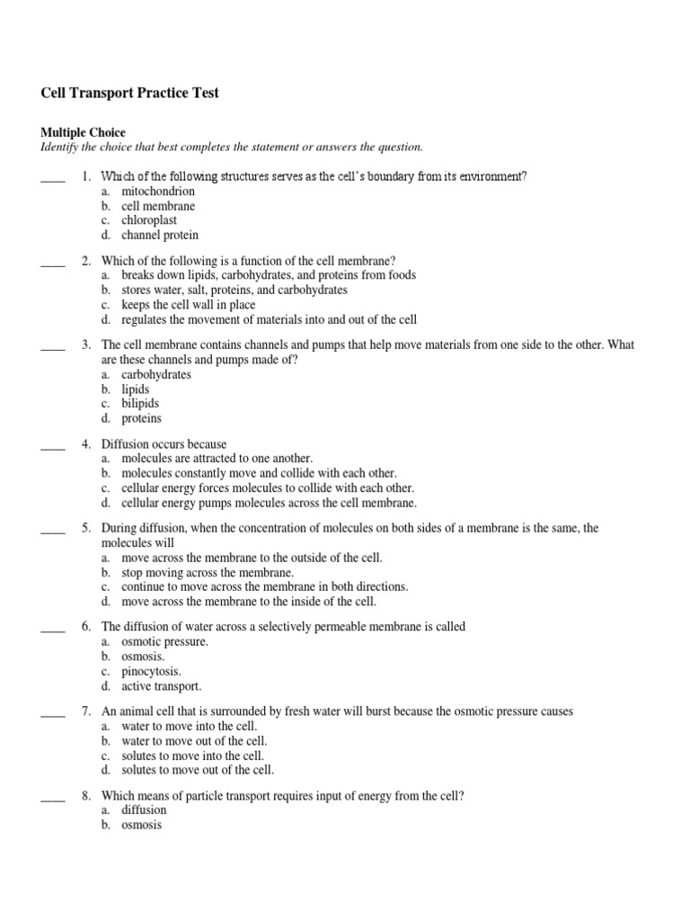 Cell Transport Practice Test | PDF | Cell Membrane | Osmosis