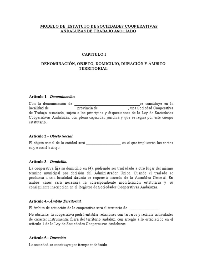 Modelo de Estatuto de Sociedades Cooperativas | PDF | Sociedad de ...