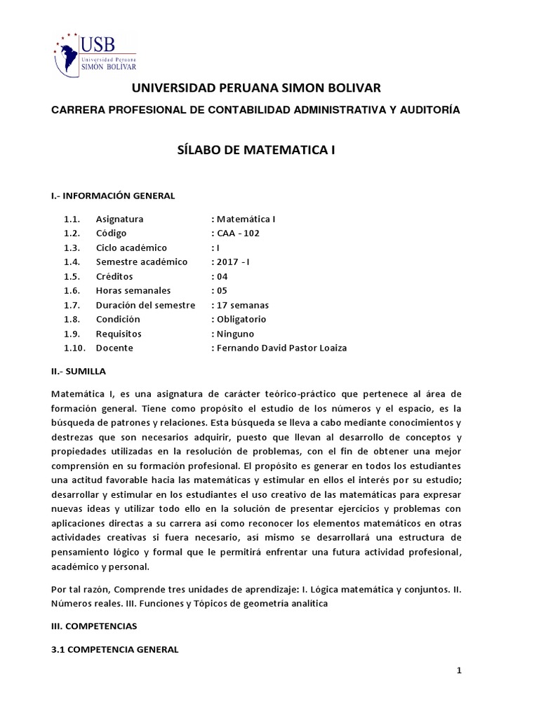 Silabo Matematica I Contabilidad Administrativa y Auditoría | PDF | Ecuaciones | Evaluación