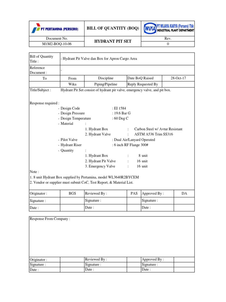 BILL OF QUANTITY (BOQ) FOR HYDRANT PIT SET | PDF | Valve | Plumbing