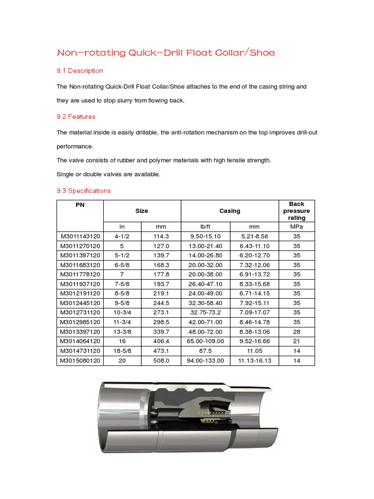 Non-Rotating Quick-Drill Float Collar/Shoe: 9.1 Description | PDF