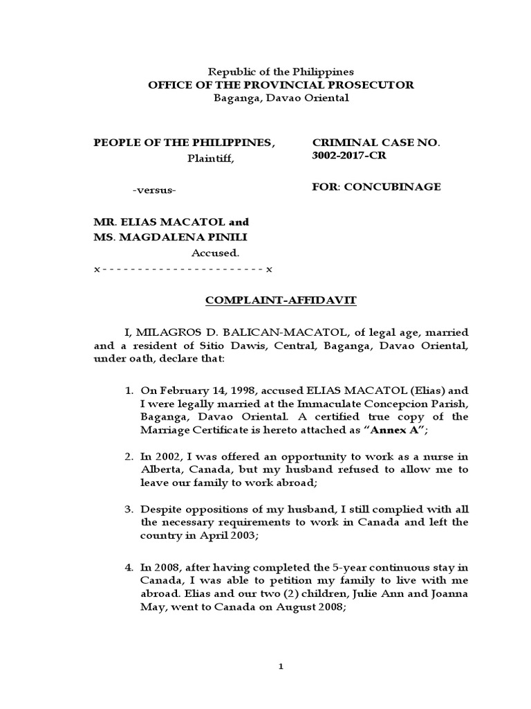 Complaint - Concubinage | PDF | Criminal Law | Virtue