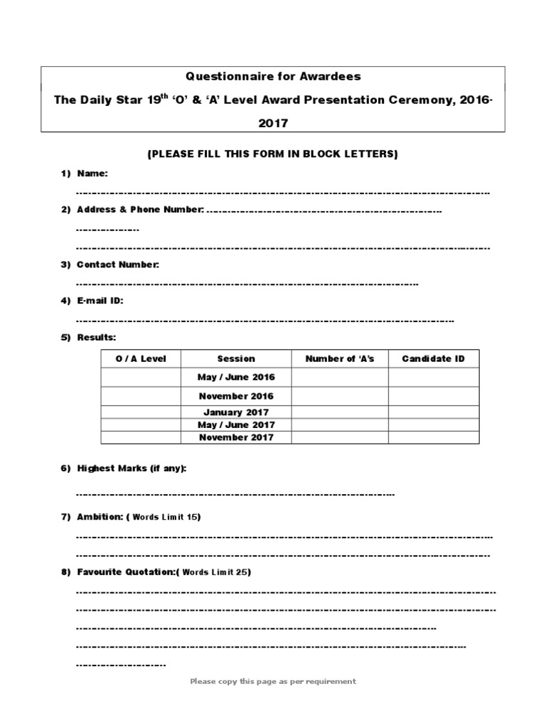 Questionnaire For Awardees The Daily Star 19 O' & A' Level Award ...