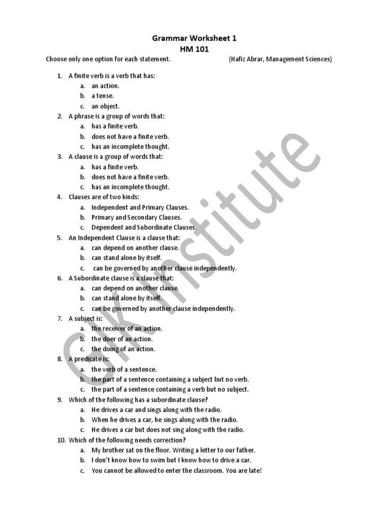Grammar Worksheet 1 | PDF