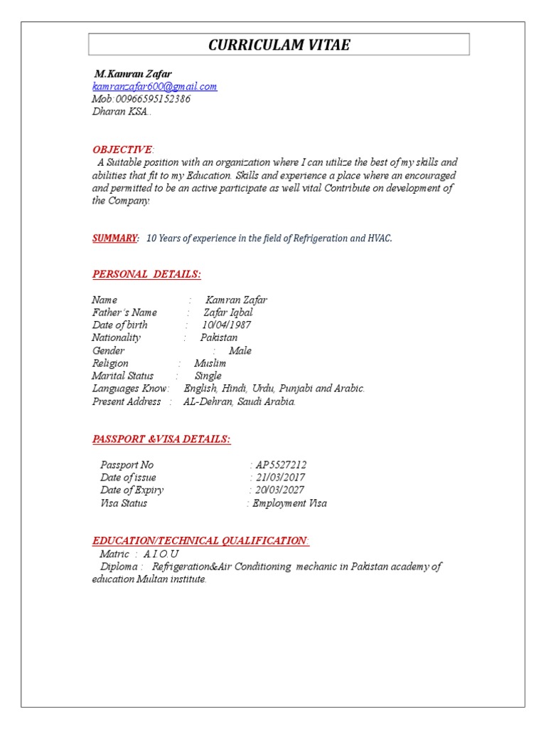 CV For Ac Technician | PDF | Air Conditioning | Hvac