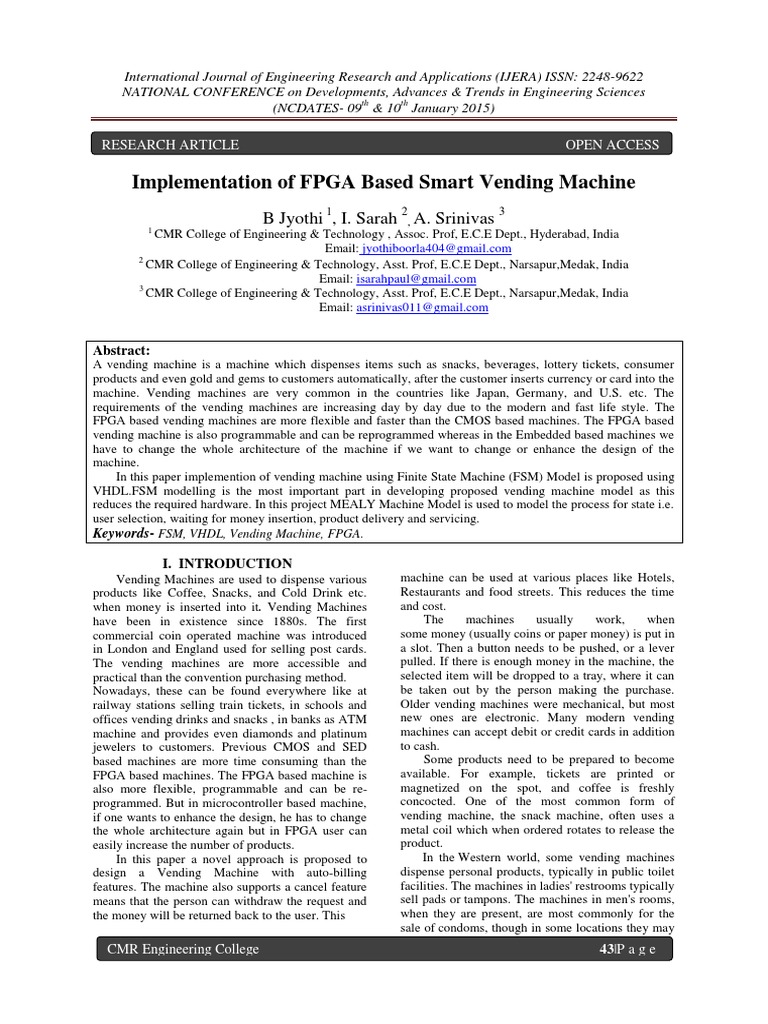 Implementation of an FPGA Based Smart Vending Machine Using Finite State Machine Modeling | PDF ...