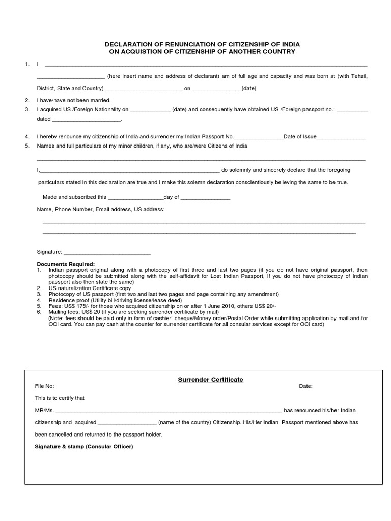 Renunciation of Indian Citizenship Surrender Certificate Form | PDF | Nationality Law ...