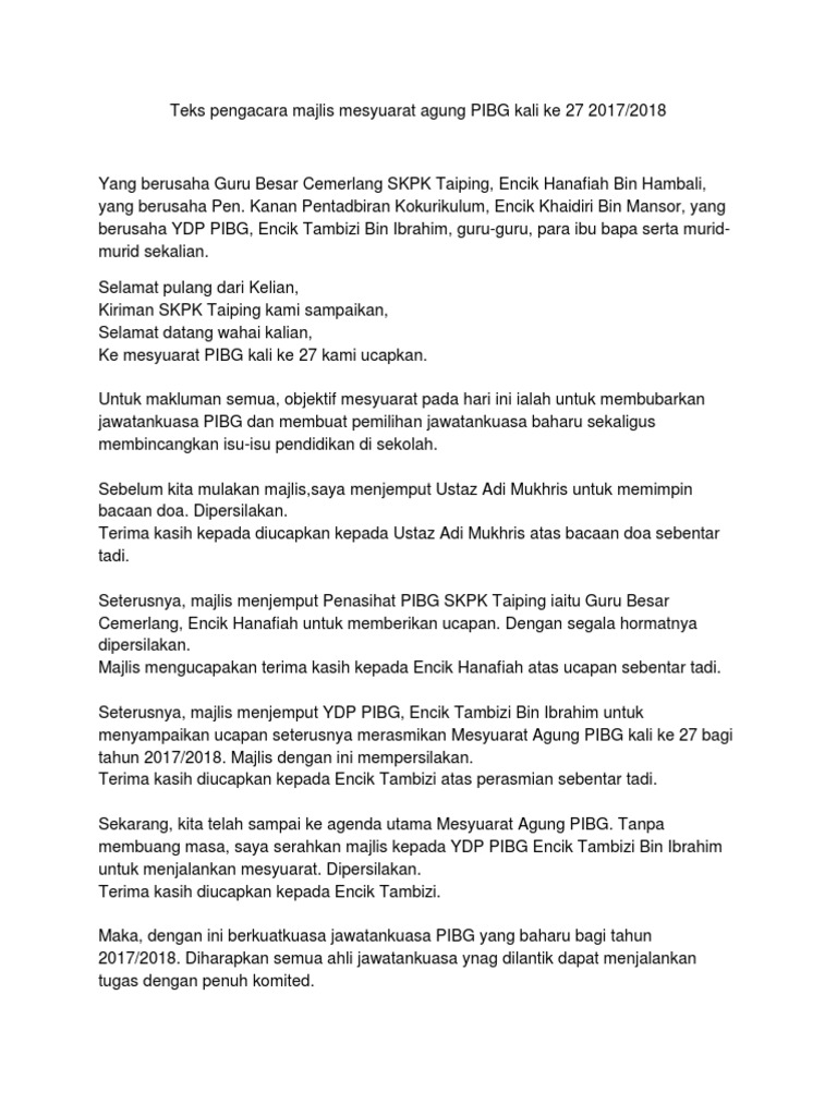 Teks Pengacara Majlis Mesyuarat Agung PIBG Kali Ke 27 2017 | PDF