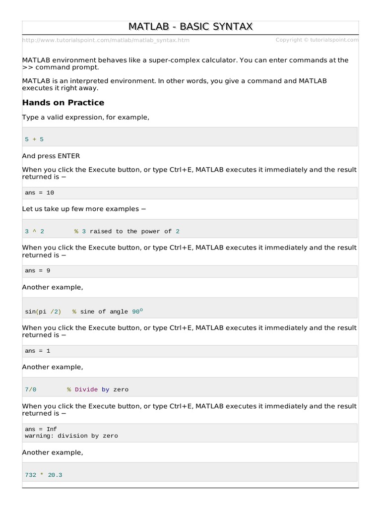 Matlab Syntax Pdf Matlab Matrix Mathematics