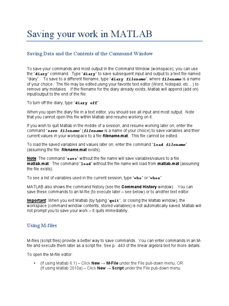 Saving Your Work In Matlab Saving Data And The Contents Of The Command 3482