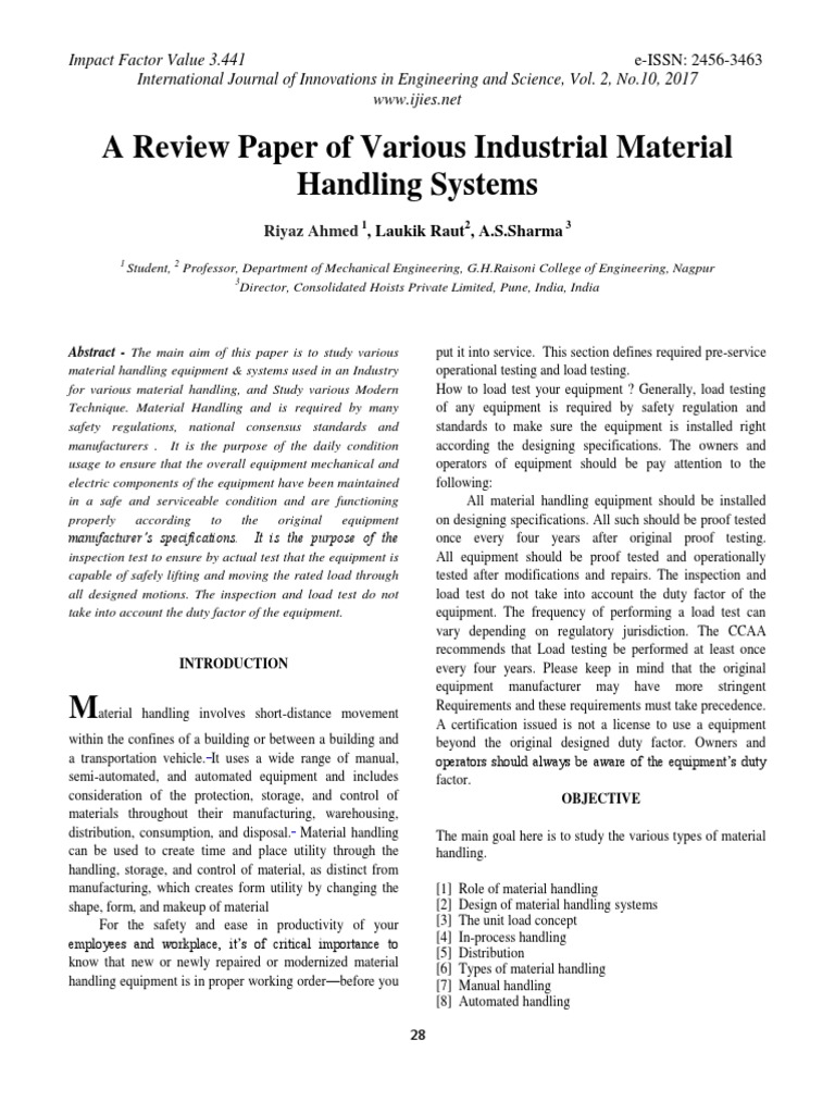 A Review Paper of Various Industrial Material Handling Systems | PDF ...