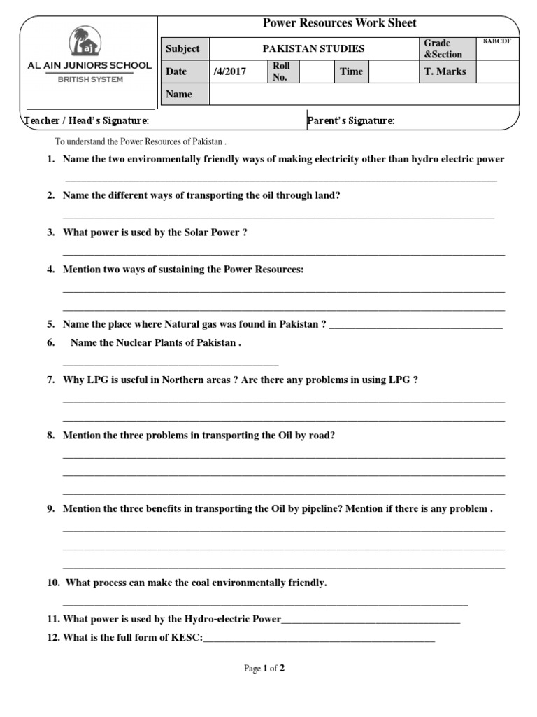 Power Resources Worksheet For Grade 8 Latest | PDF | Hydroelectricity ...