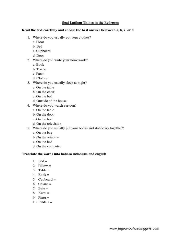 Soal Latihan: Things in the Bedroom | PDF