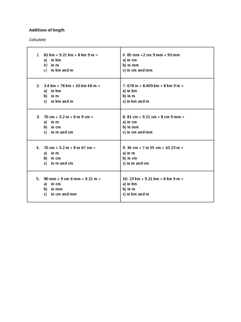 Addition of Lengths Worksheet | PDF