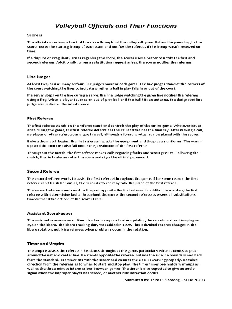 Volleyball Officials and Their Functions | PDF | Referee | Volleyball