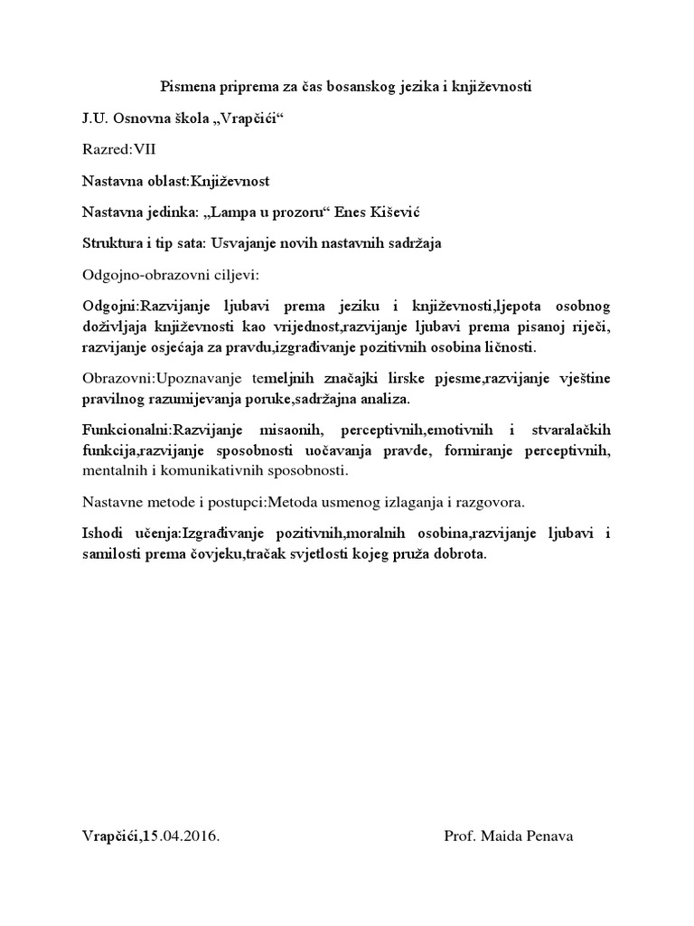 Pismena Priprema Za Čas Bosanskog Jezika I Književnosti Za VII | PDF