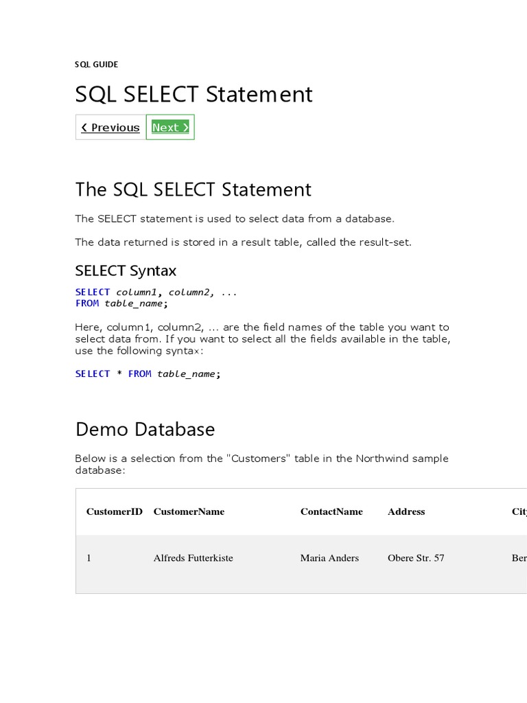 The SQL SELECT Statement | PDF