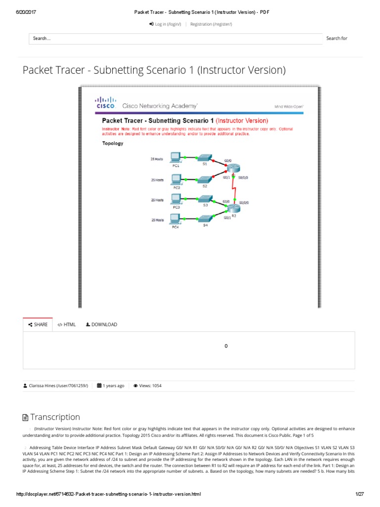 Packet Tracer - Subnetting Scenario 1 (Instructor Version) PDF | PDF | Ip Address ...