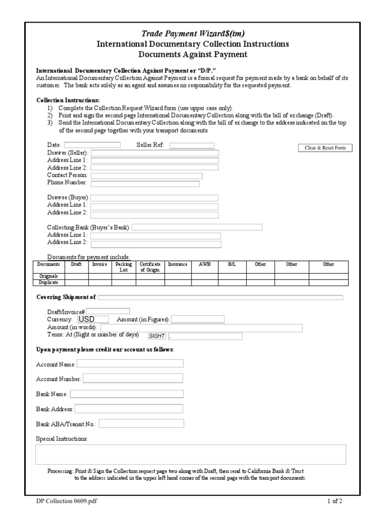 International Documentary Collection Instructions Documents Against ...