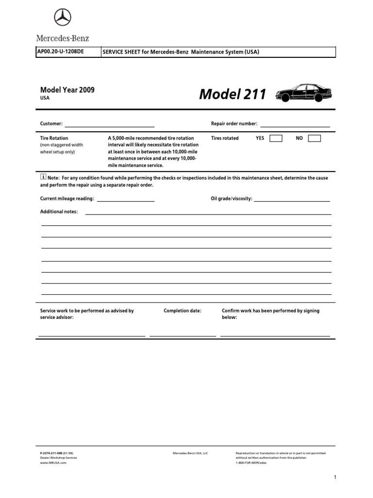 Service Sheet - Mercedes Benz W211 | Headlamp | Tire