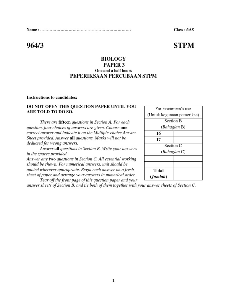 STPM Biology Paper 3 Section A Multiple Choice Answers | PDF | Dna ...
