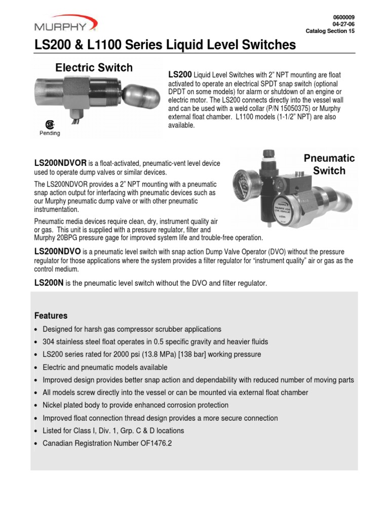 LS200 & L1100 Series Liquid Level Switches: 0600009 04-27-06 Catalog Section 15 | PDF ...
