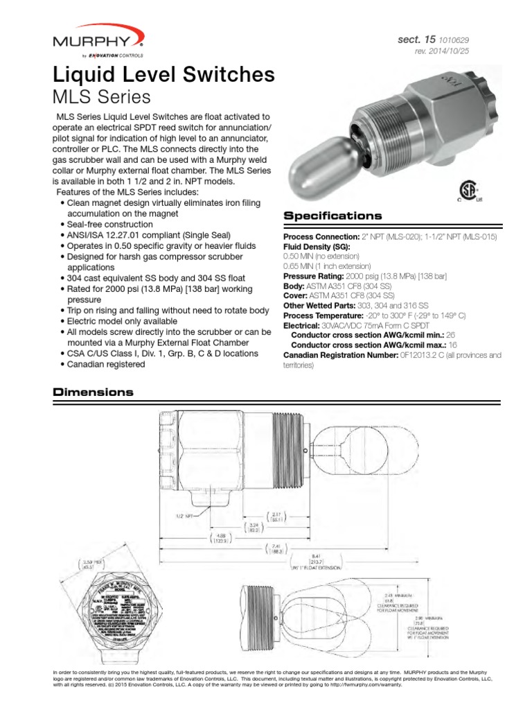 Liquid Level Switches: MLS Series | PDF | Switch | Mechanical Engineering