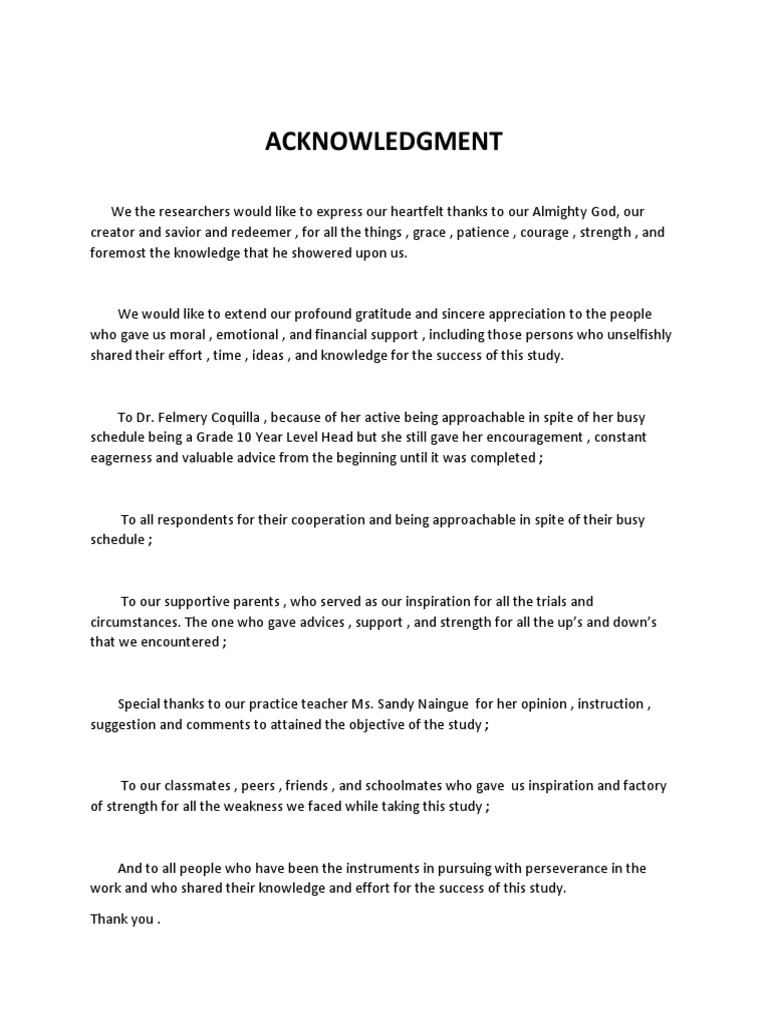 Acknowledgment: We The Researchers Would Like To Express Our Heartfelt ...